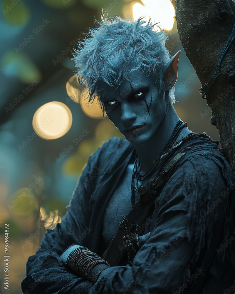 moody portrait of a drow male with blue skin, white hair, and glowing ...