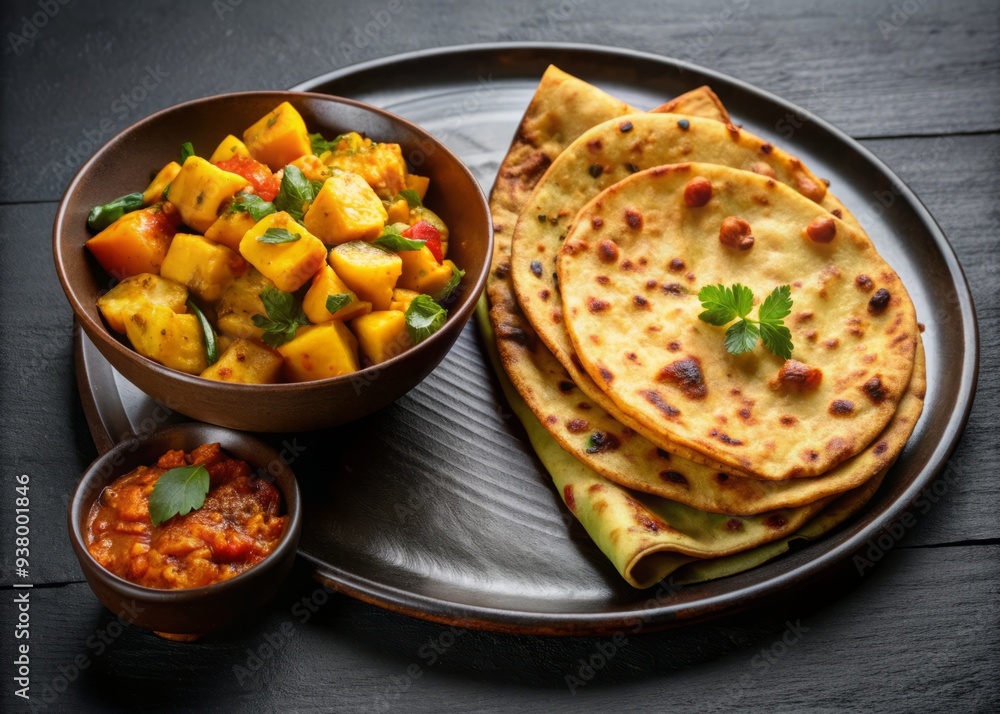 Savory wheat chapati served with flavorful potato fry and rich masala ...