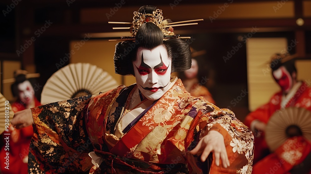 Kabuki Theater Performance: A dramatic Kabuki theater performance with ...