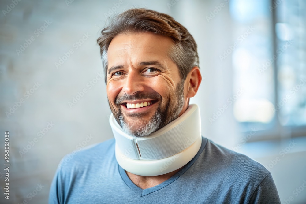Smiling man wearing orthopedic cervical collar, a medical device ...