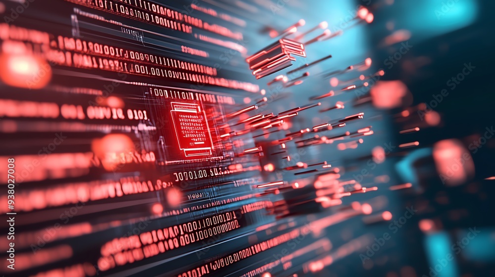 Abstract digital technology with data streams, red light effects, and binary code representing ...