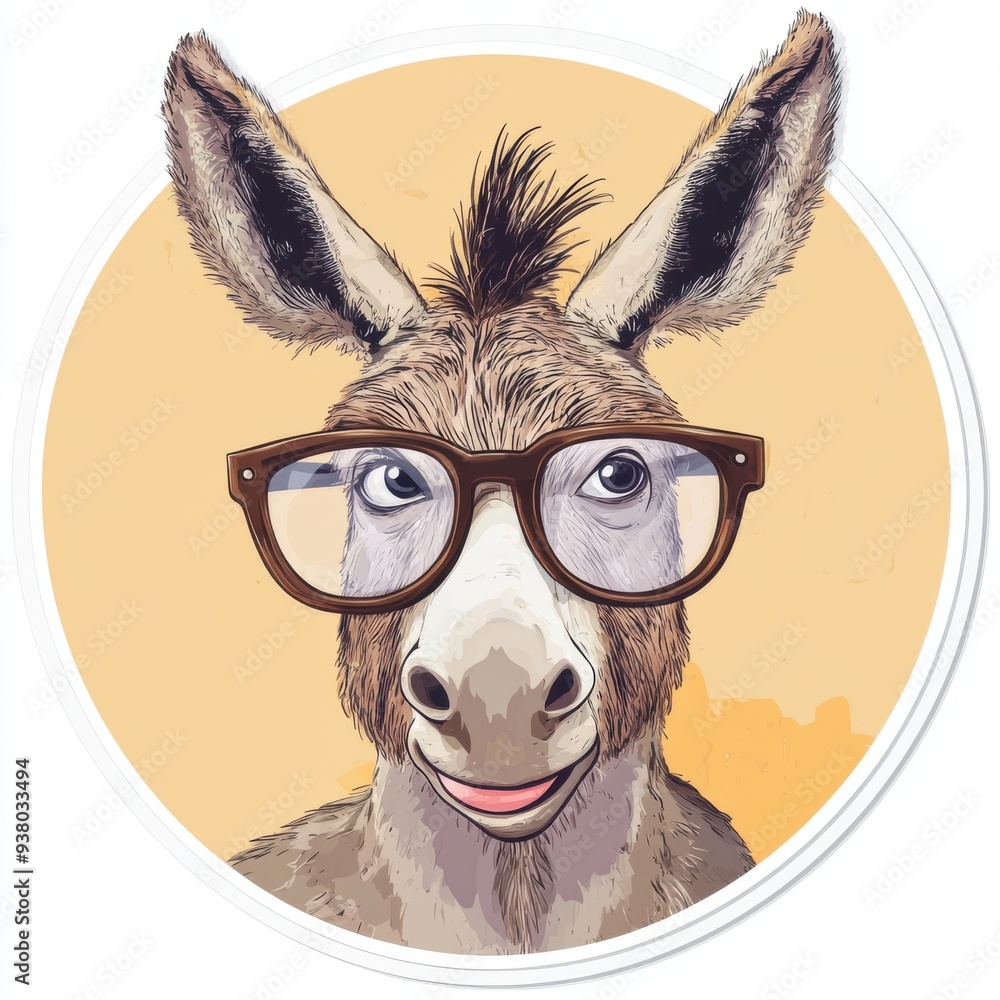 Sticker of a donkey wearing thick rectangular glasses in circle shape ...