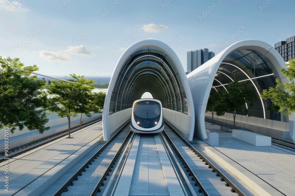 Eco-friendly transportation hub featuring maglev trains, electric ...