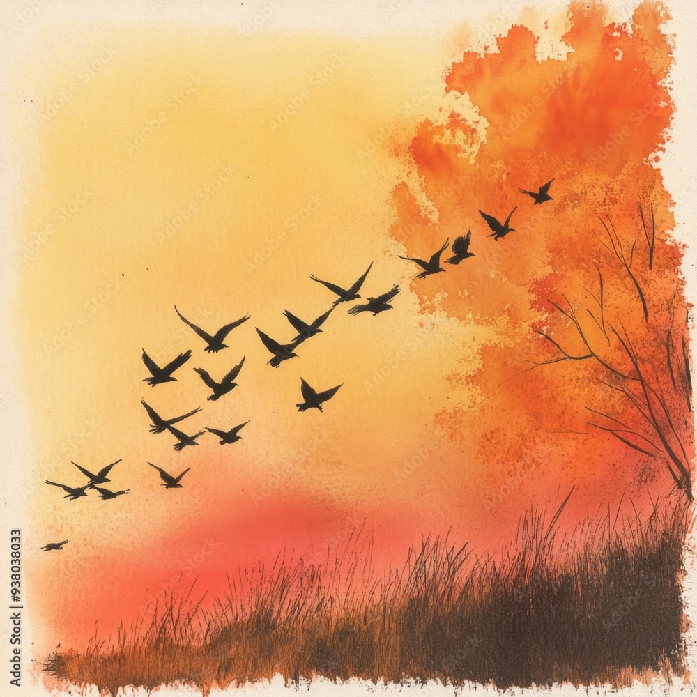 Anime-Inspired Autumn Migration: Stylized Birds in Flight Over Abstract ...