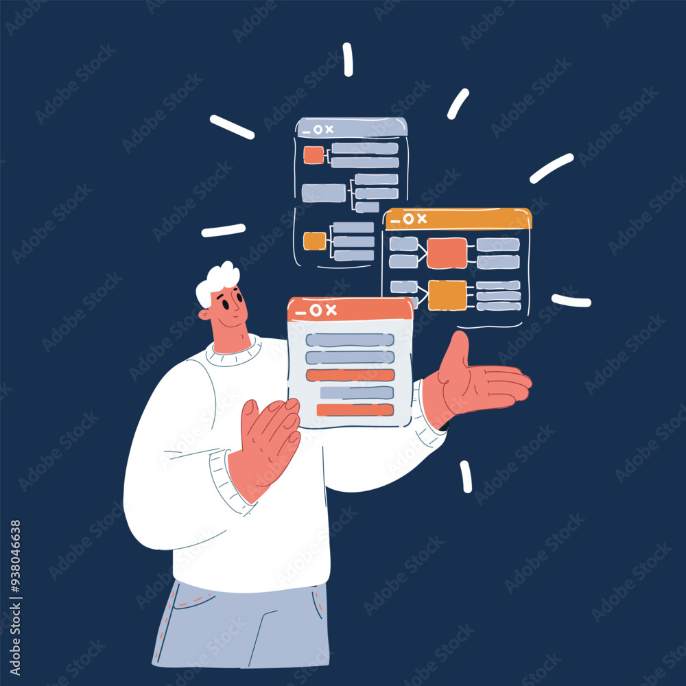 Cartoon vector illustration of Man Looking at Big Digital Screen ...