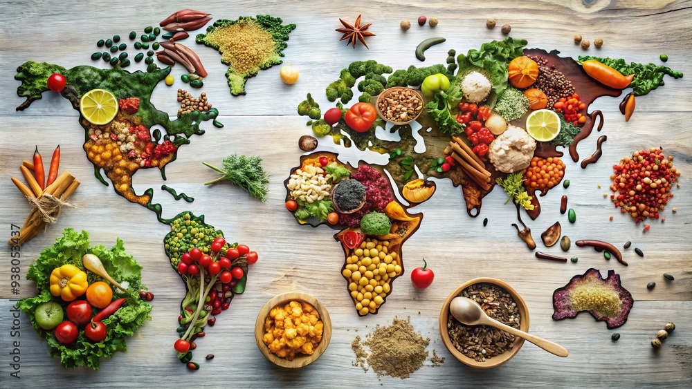 Vibrant illustration of a stylized world map made up of various foods ...