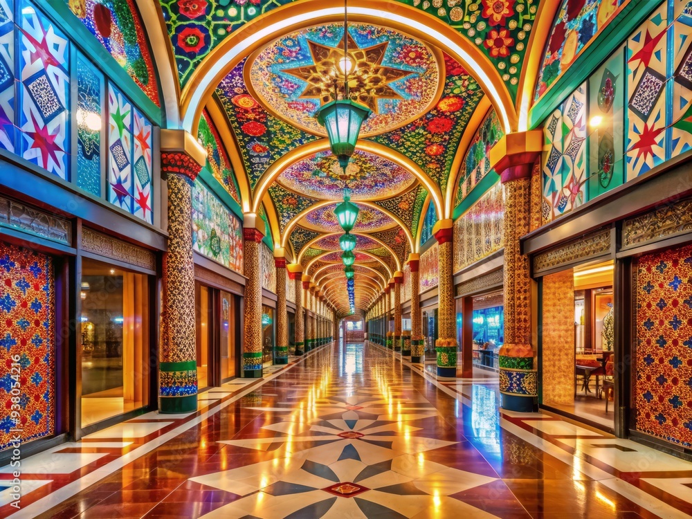 Vibrant mall corridor adorned with intricate ornamental decorations ...