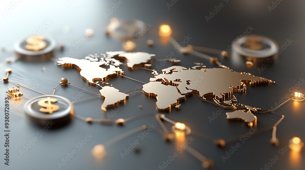 Stylized golden world map with currency symbols, representing global ...