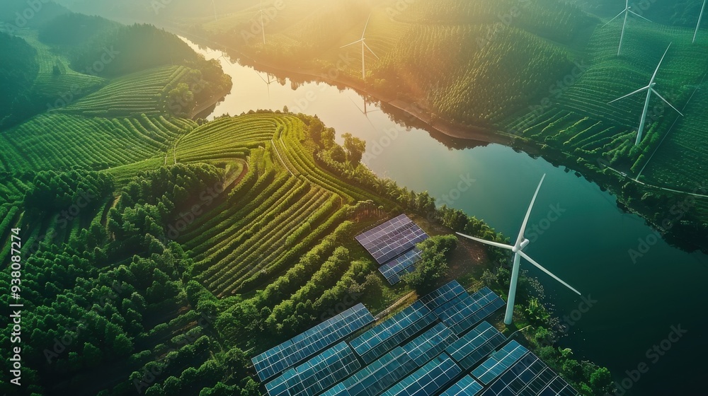 Aerial view of a solar renewable energy station, featuring wind ...