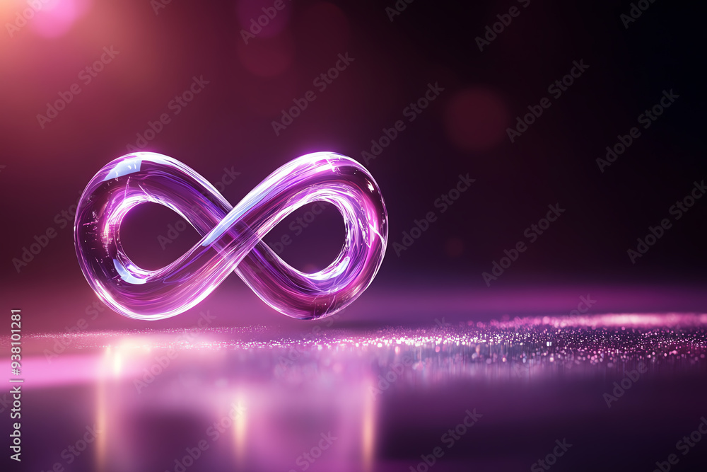 A vibrant, translucent purple infinity symbol on a shimmering surface ...