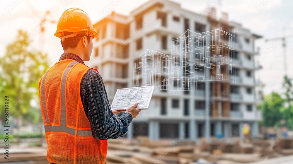 An engineer standing on a construction site reviewing a 3D holographic ...