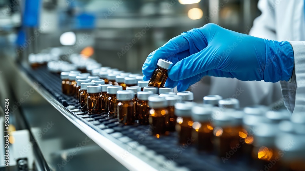 Pharmaceutical manufacturing process with vials on a production line ...