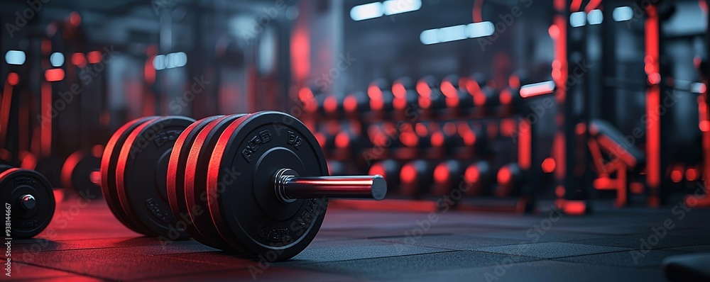 Dimly lit, futuristic gym with strong red lighting and shadows ...