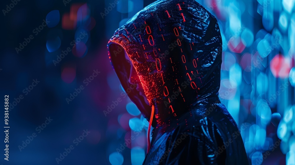 Digital portrait of a hacker with neon code projections from natural ...