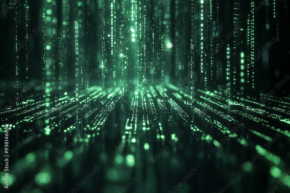 A tech-savvy, modern background featuring digital matrix code and ...