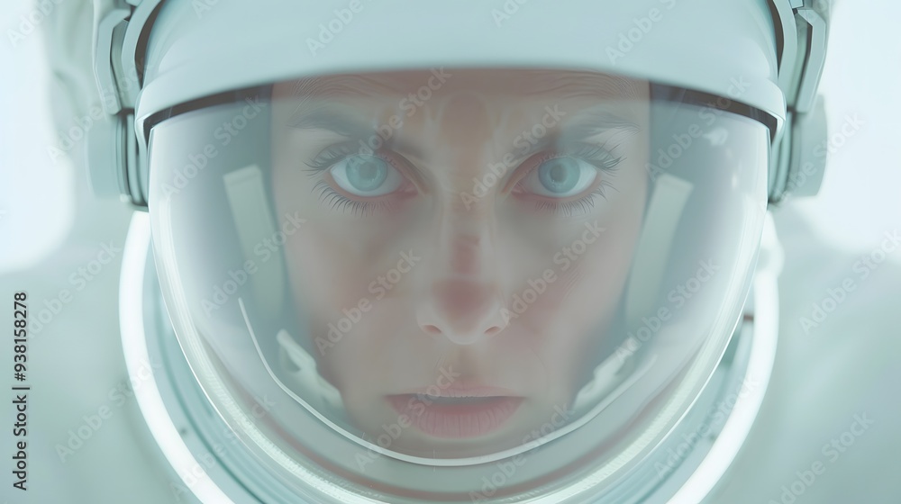 female astronaut looking at Earth through the window from a spaceship ...