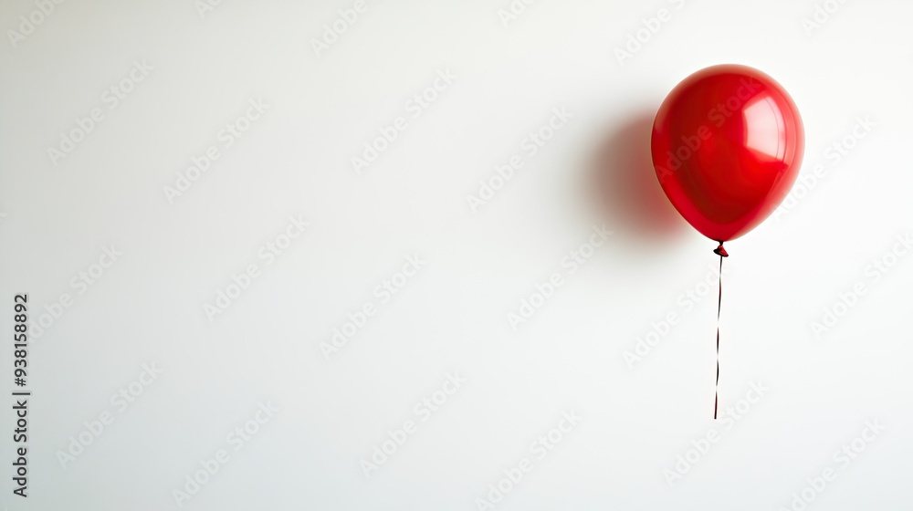A single red balloon floating against a plain white background, leaving ...