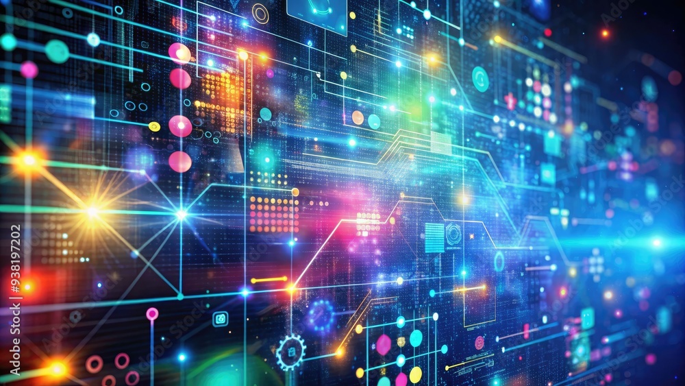 Colorful abstract coding background with symbols and characters in a ...