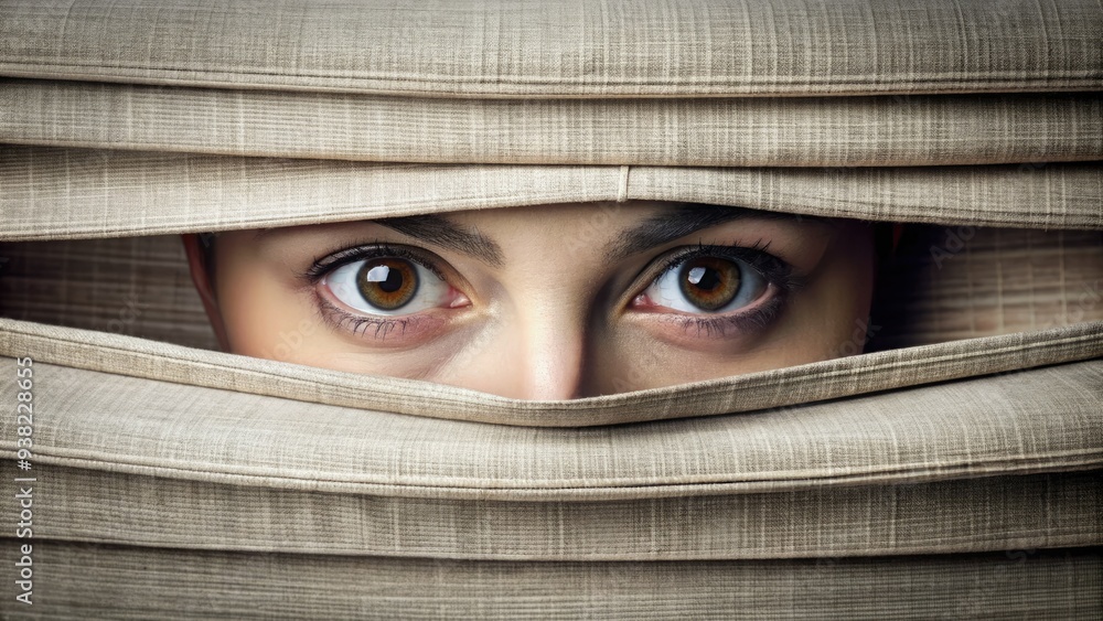 Curious eyes peeking through a torn or ripped curtain or blind ...