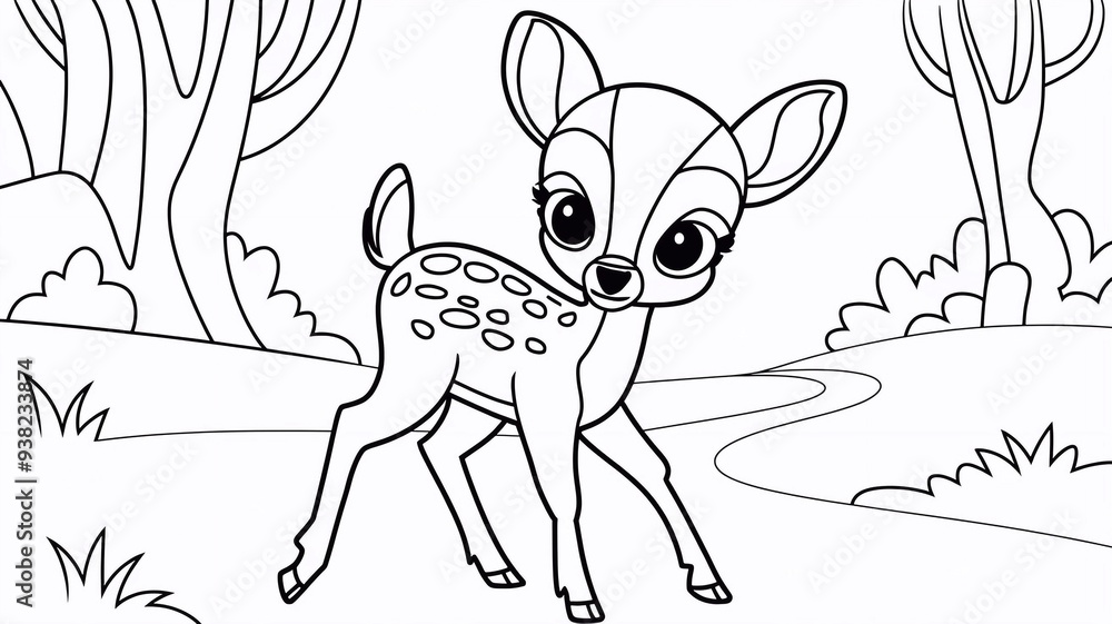 Cute fawn in forest wildlife nature outline contour drawing ...