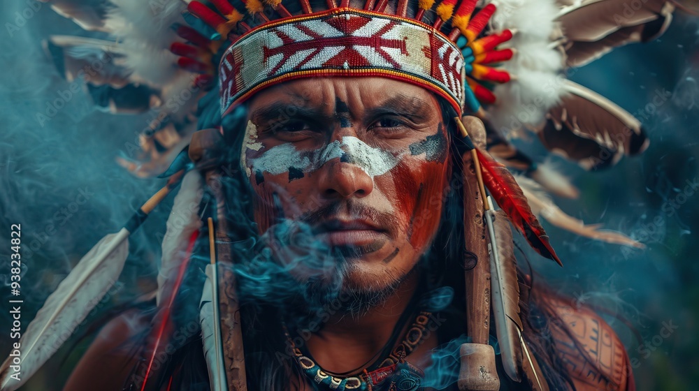 American Indian warrior chief of the tribe. man with feather headdress and tomahawk Stock Photo ...