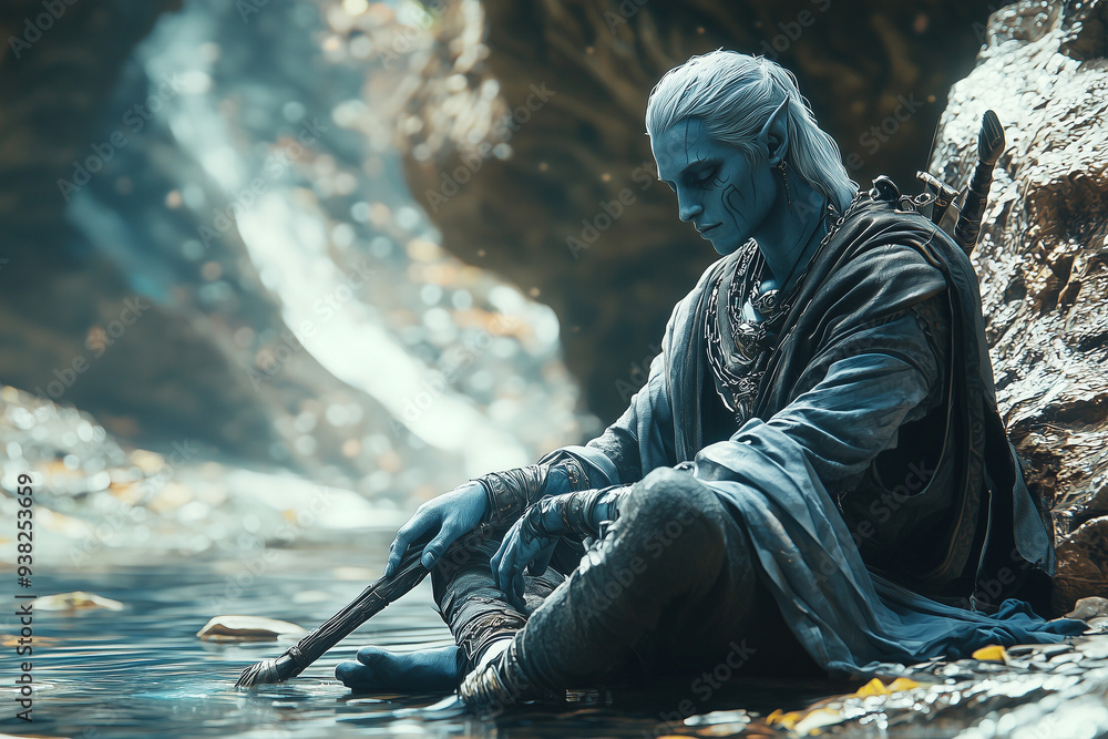 drow warrior with bluish skin sitting near a serene water body, lost in thought, in a mystical ...