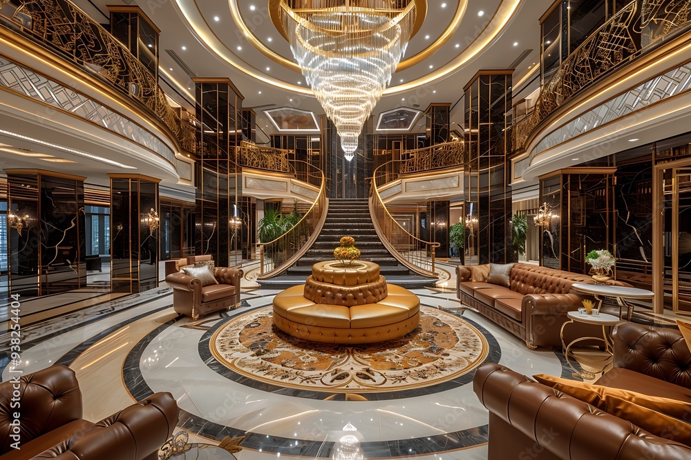 A luxury lobby with a grand atrium, highlighted by a cascading ...
