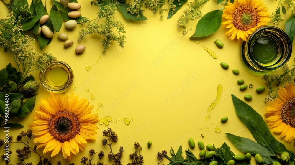 A green gradient background featuring mixed vegetal oils (sunflower ...