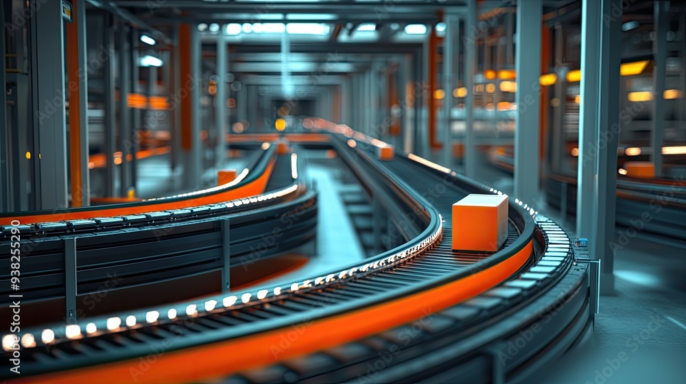 A modern logistics hub filled with conveyor belts and robots ...