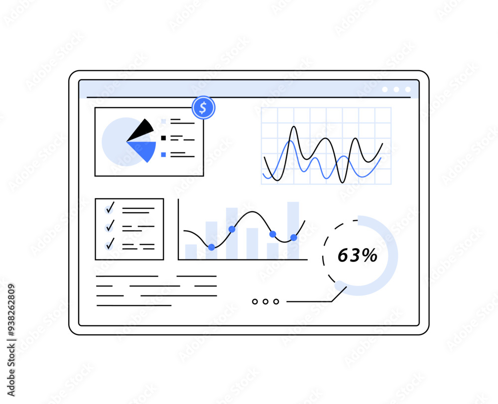 Illustration of a data dashboard displaying financial metrics, graphs, pie chart, and checklist ...