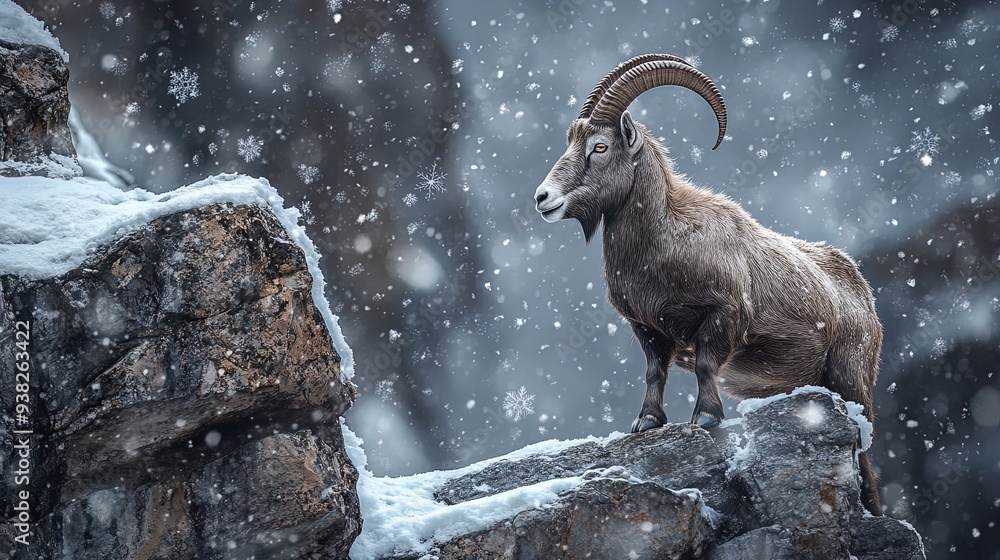 Majestic Wild Goat with Curved Horns on Rocky Ledge: A Stunning Image ...