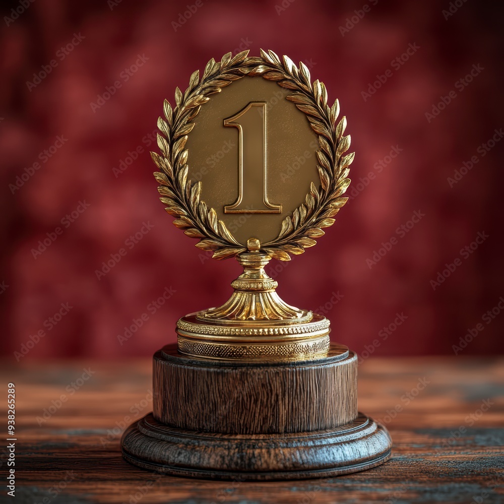 Gold trophy with number one and a laurel wreath on a red background for ...