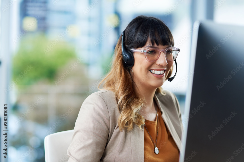 Business woman, computer and call center advisor with customer support ...