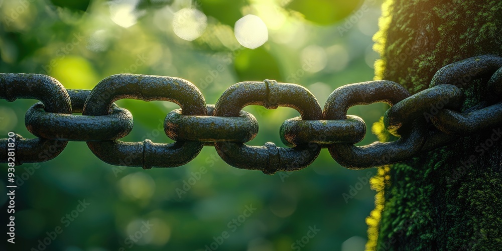 Close-up of a Thick Metal Chain Wrapped Around a Tree Trunk Covered in ...