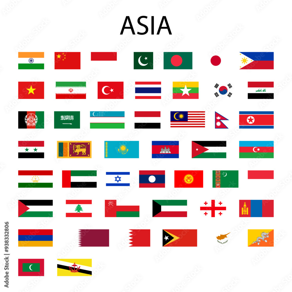 Flags of Asian countries. 48 countries with their capital city on the ...