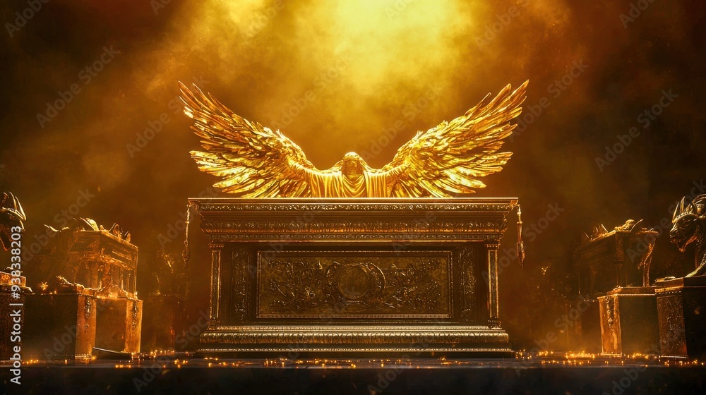 Artistic portrayal of the Ark of the Covenant with golden cherubim, set ...