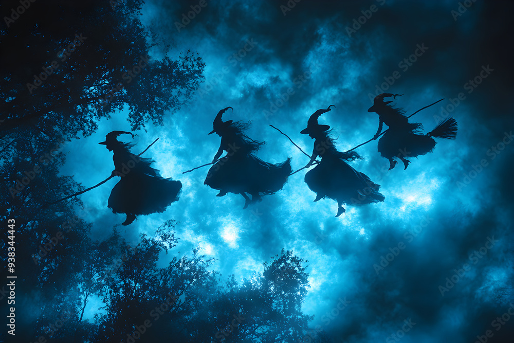Witches Soaring Under a Starry Night Sky, a mystical scene depicting ...