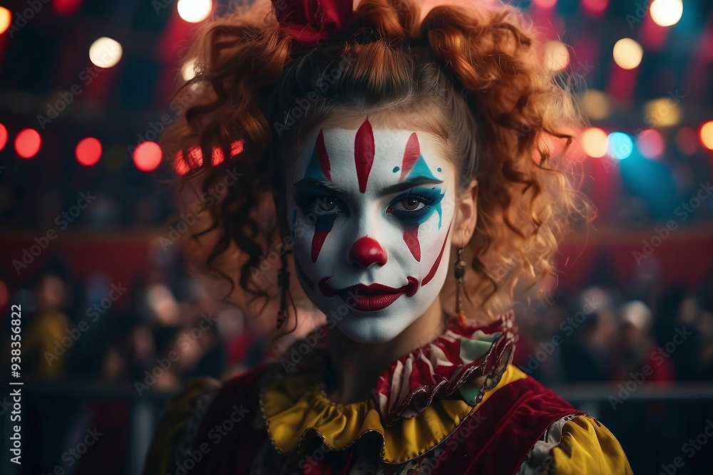 Young red haired woman dressed in a clown costume. Circus performer ...