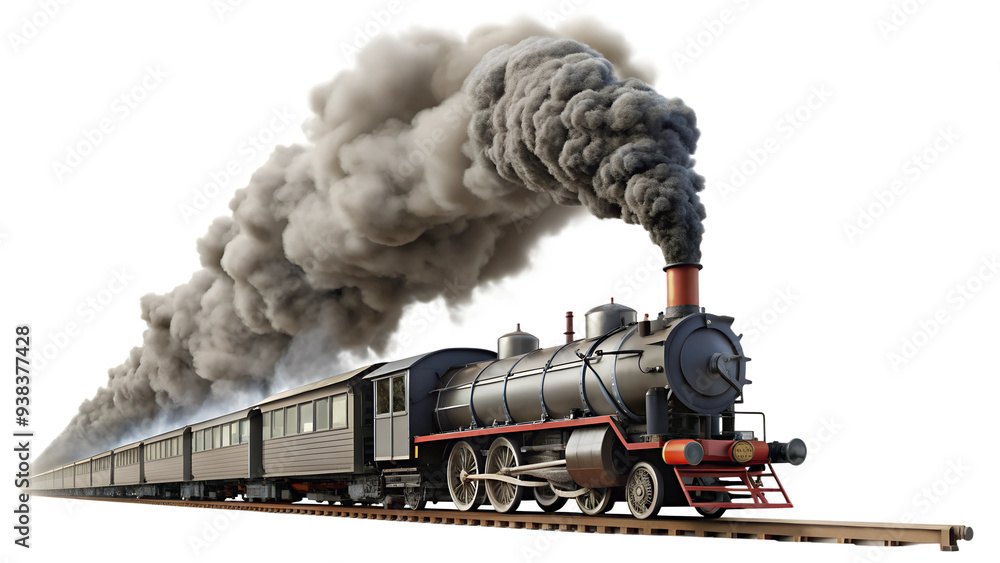 Vintage steam locomotive with carriages releasing steam isolated on ...