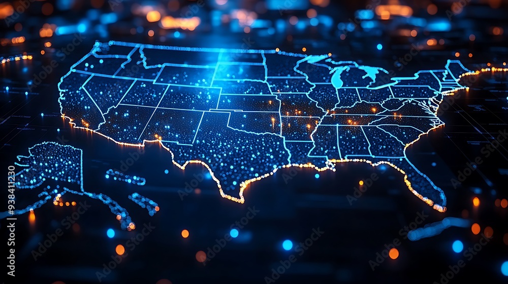 A high-tech, illuminated 3D map of the United States, showcasing ...