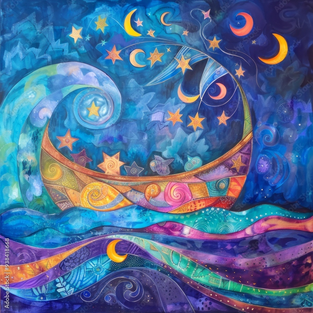 colorful ark sails through swirling waves under a starry night sky ...