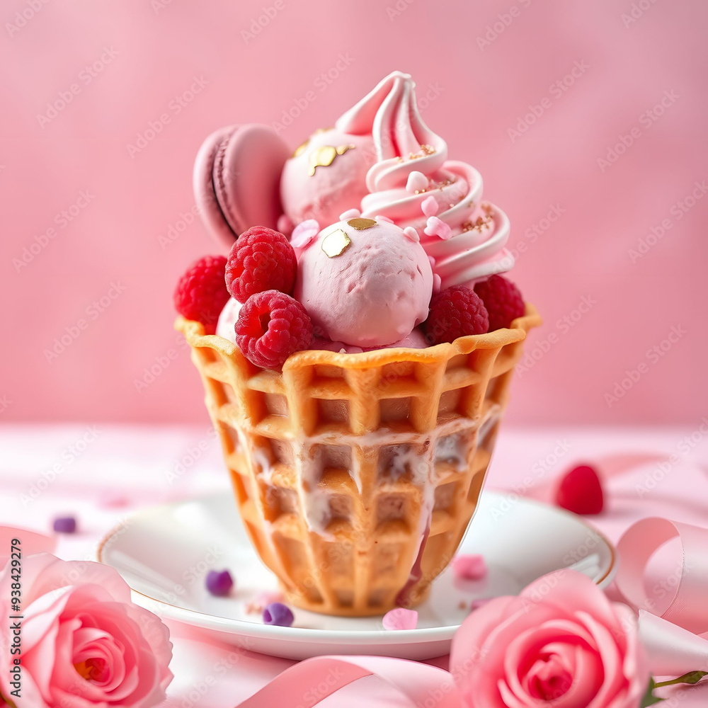 Raspberry Ice Cream Overflowing in a Crisp Waffle Cone Stock Photo ...