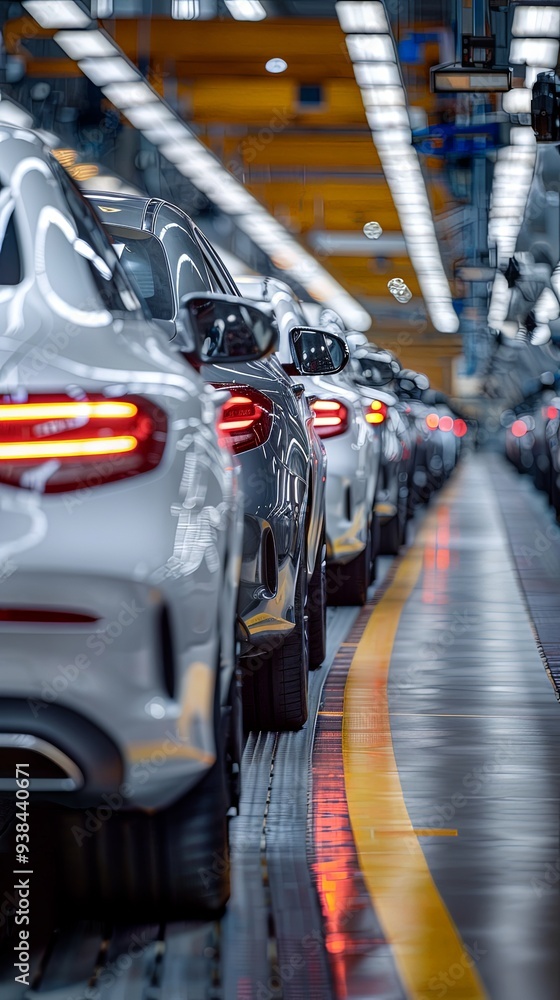 A modern car assembly line featuring gray cars with a reflective finish ...