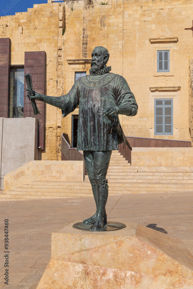 23 Mar 2023. Malta, Valletta. Statue of Jean de Valette, founder of the ...