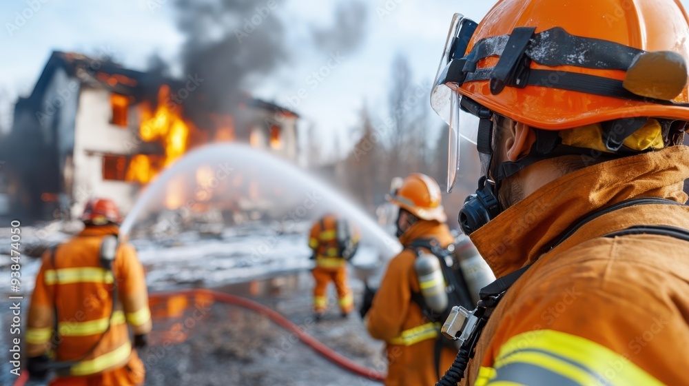 Firefighters working together intensely to extinguish a raging house ...