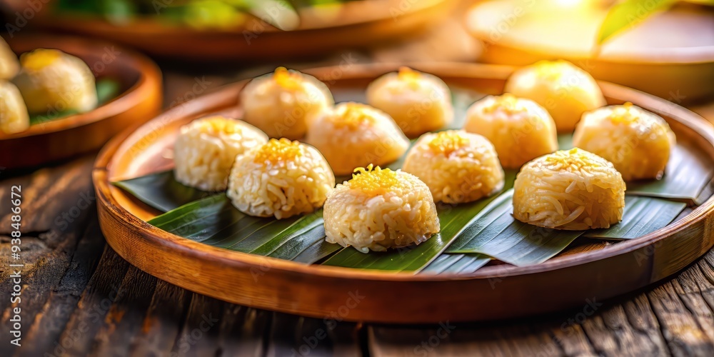 Golden hour captures Khanom Thien sticky rice cakes arranged in ...
