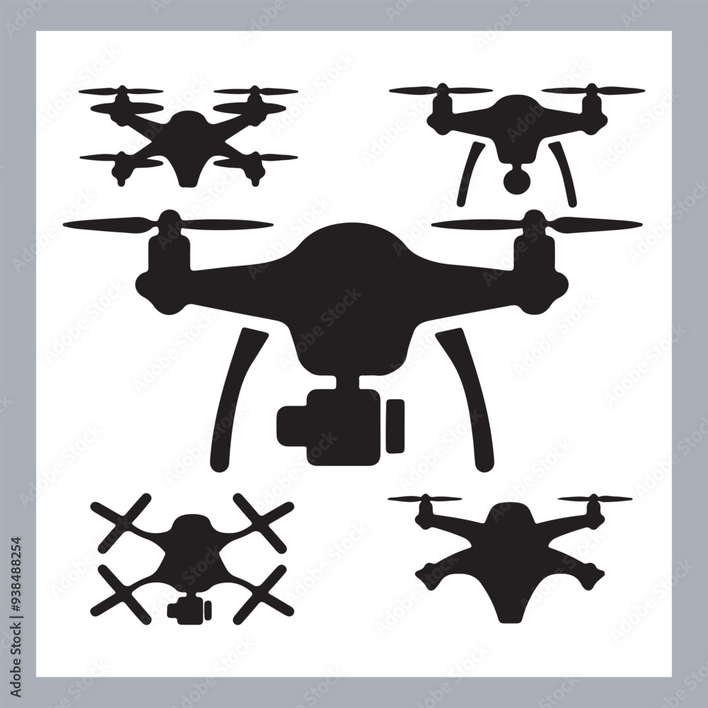Drone quadcopter with camera black symbol, Black silhouette of military ...