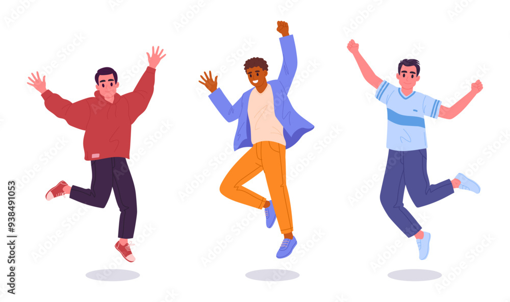 Jumping men. Cheerful celebrating male characters jumping for joy ...