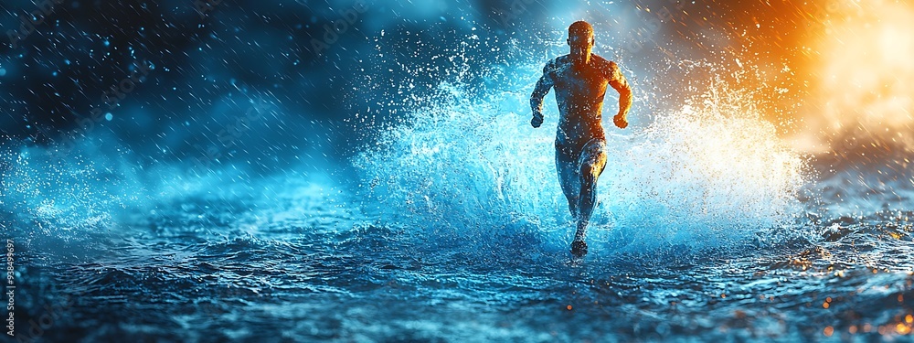 The human body shape of a running man filled with blue water on a blue ...