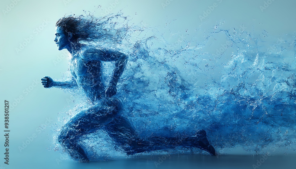 The human body shape of a running man filled with blue water on a blue ...